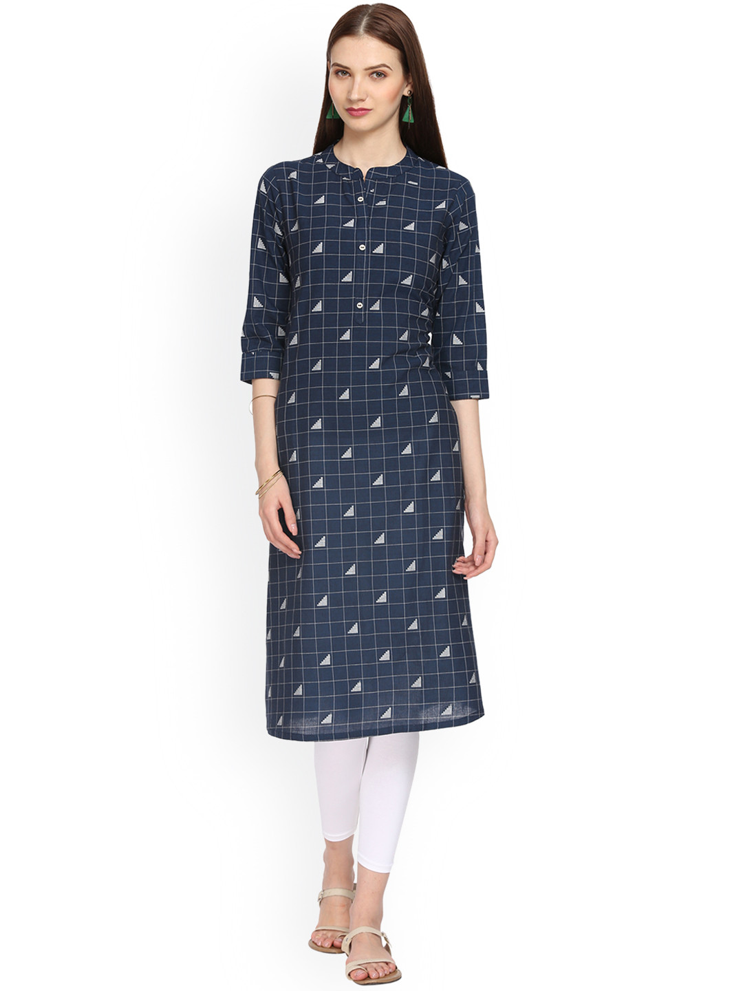 Buy Alena Women Navy Blue Checked Straight Kurta - Kurtas for Women ...