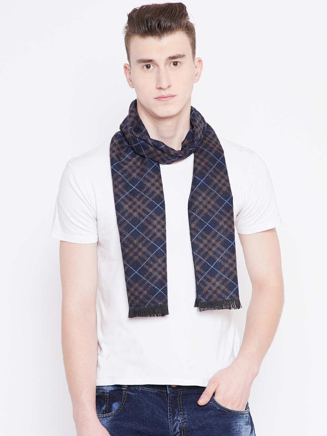 Buy Alvaro Castagnino Men Navy Blue & Beige Checked Muffler - Mufflers ...