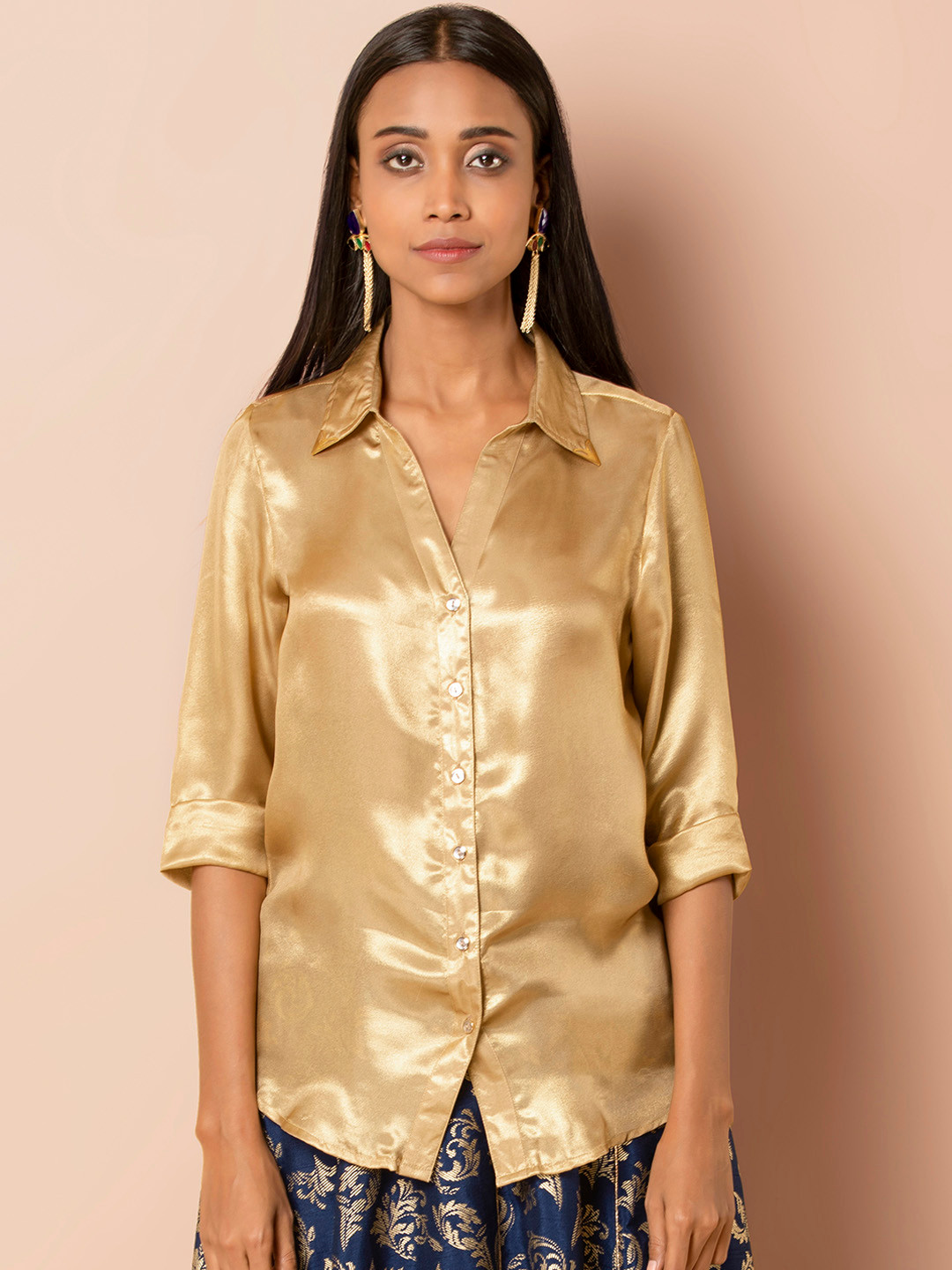 Buy INDYA Women Gold Coloured Regular Fit Solid Party Shirt - Shirts ...