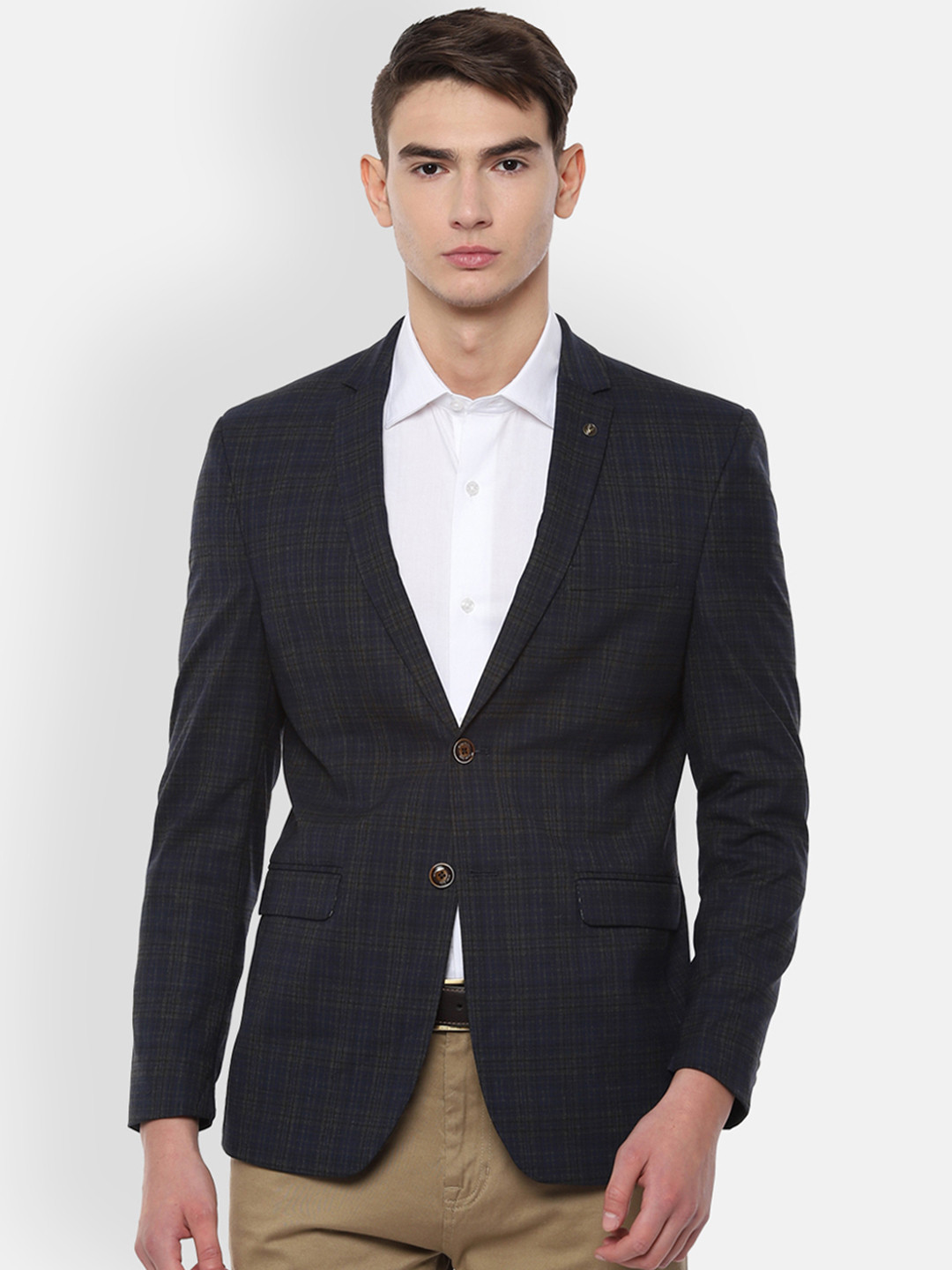 Buy Allen Solly Men Navy Blue Single Breasted Checked Slim Fit Blazer ...