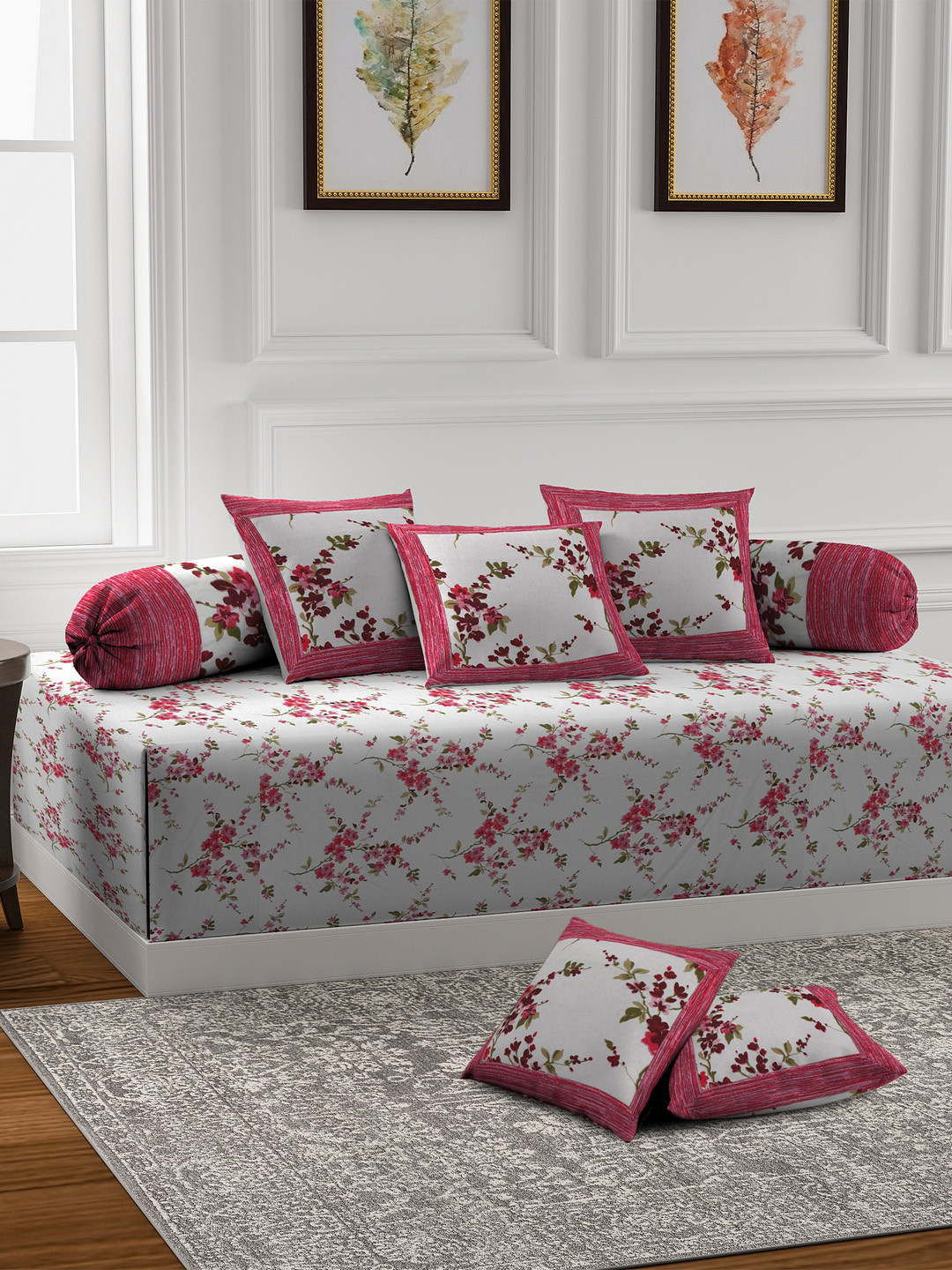 Buy Rajasthan Decor Set Of 8 White & Pink Printed Diwan - Diwan Set for ...