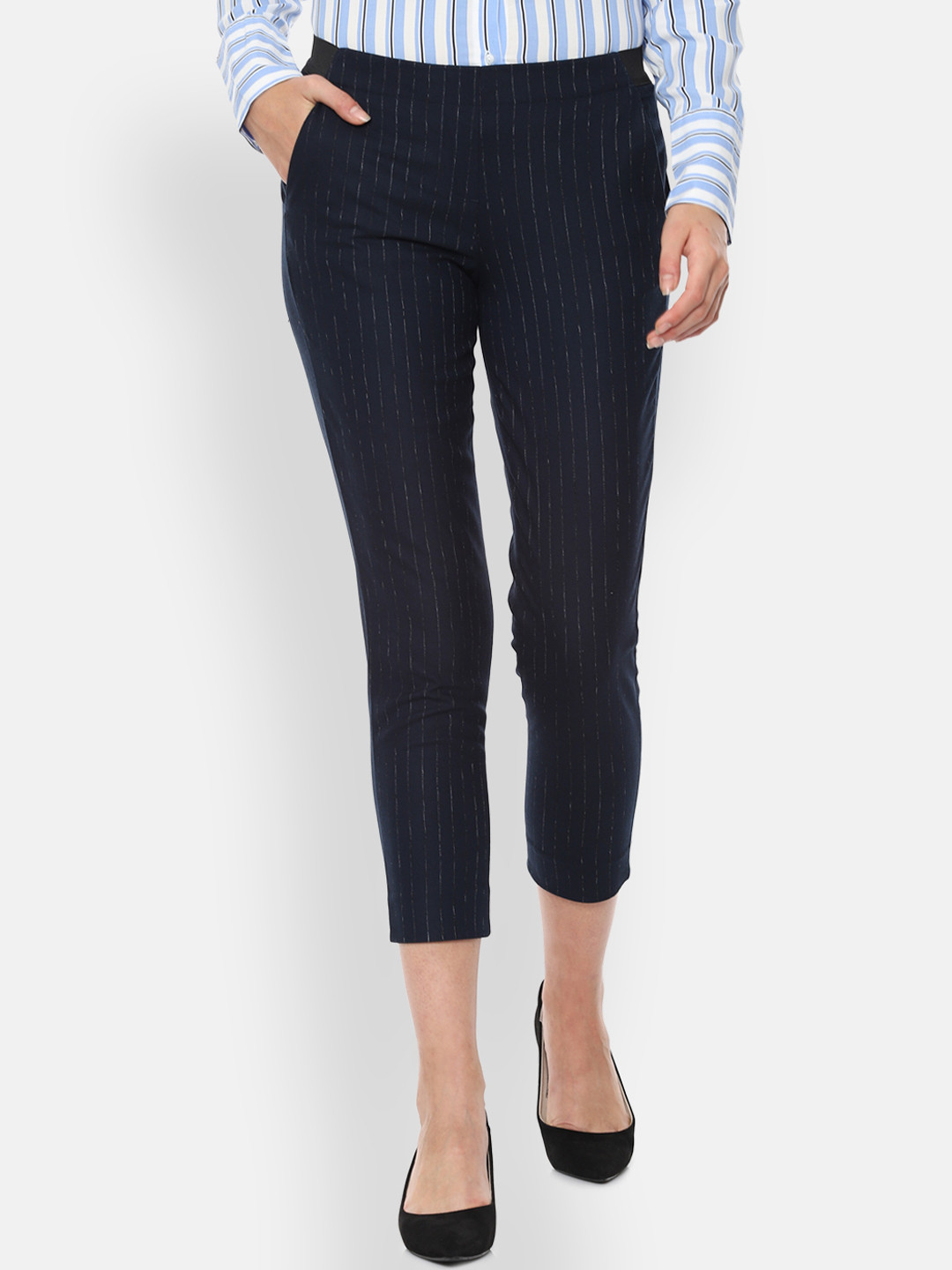 Buy Van Heusen Woman Women Navy Blue Regular Fit Striped Cigarette ...
