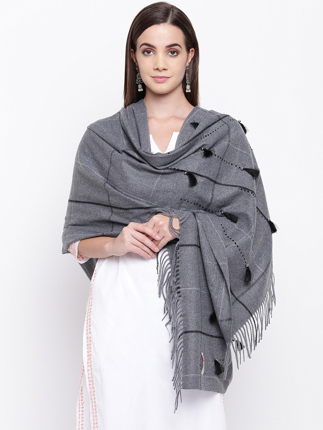 Buy HK Colours Of Fashion Women Grey Woven Design Stole - Stoles for ...