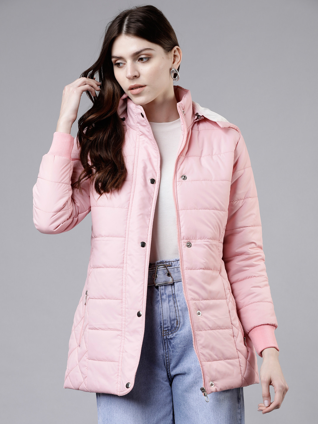 Buy Tokyo Talkies Women Pink Solid Hooded Padded Jacket - Jackets for ...