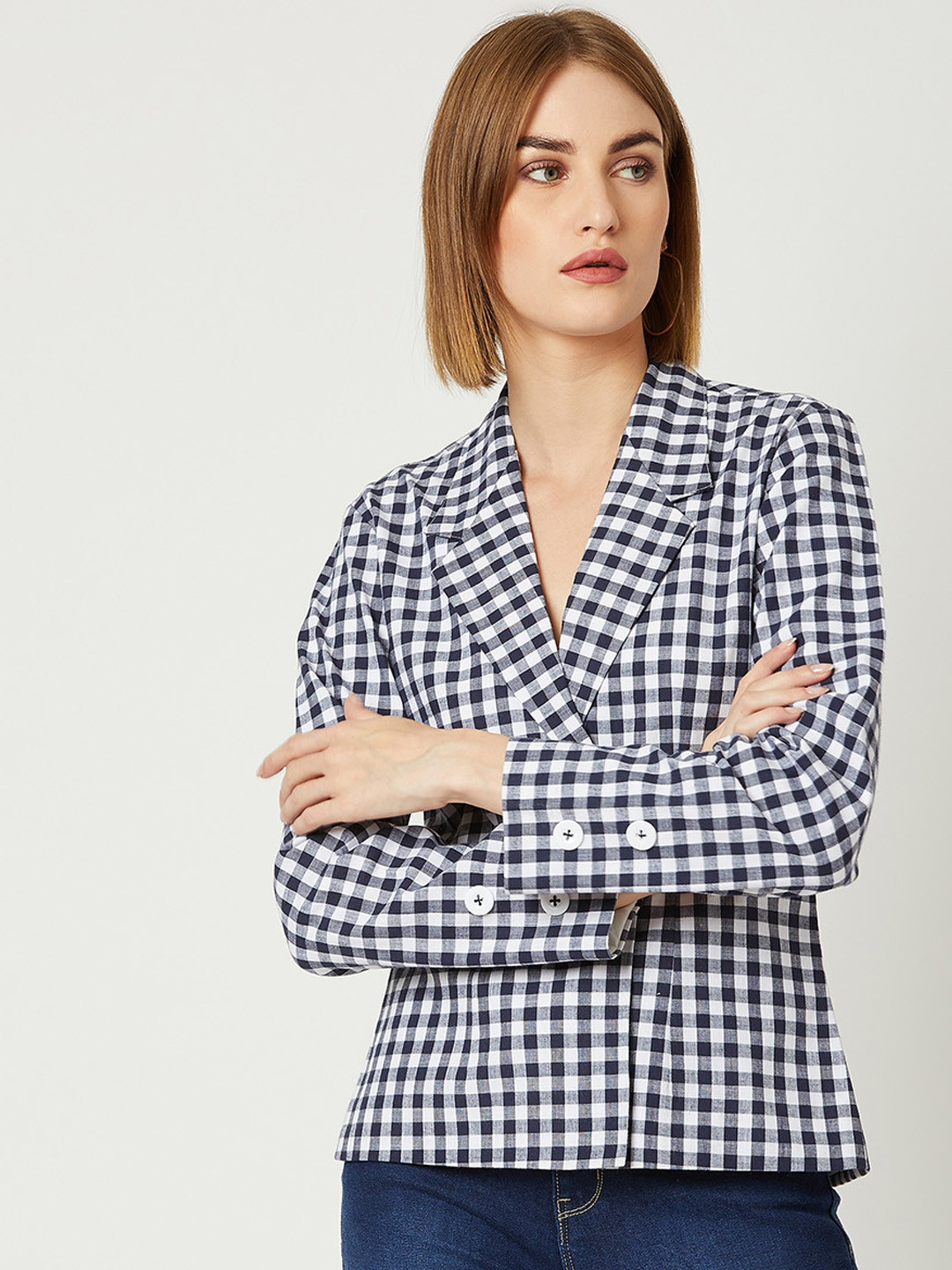Buy Miss Chase Women Navy Blue Checked Jacket - Jackets for Women ...