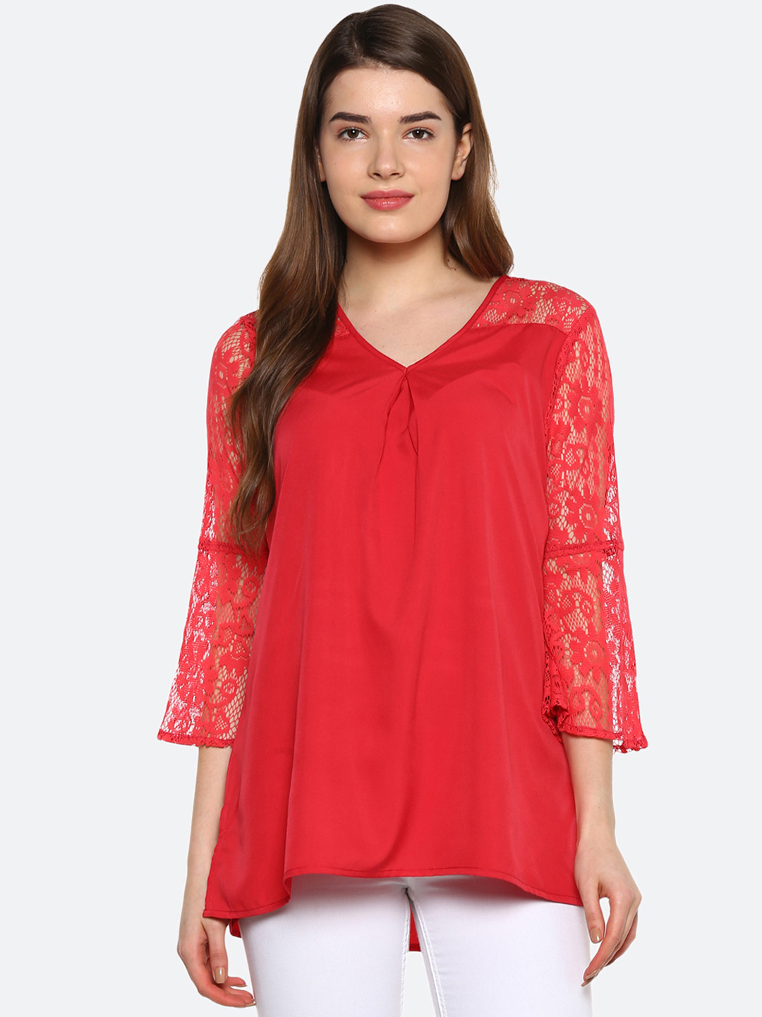 Buy Qurvii Plus Size Women Red Self Design High Low Top - Tops for ...
