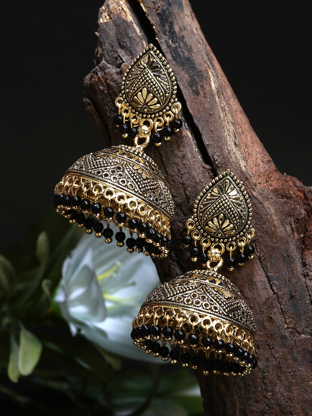 Buy ANIKAS CREATIOn Gold Plated & Black Enamelled Dome Shaped Jhumkas ... Buy ANIKAS CREATIOn Gold Plated & Black Enamelled Dome Shaped Jhumkas ...