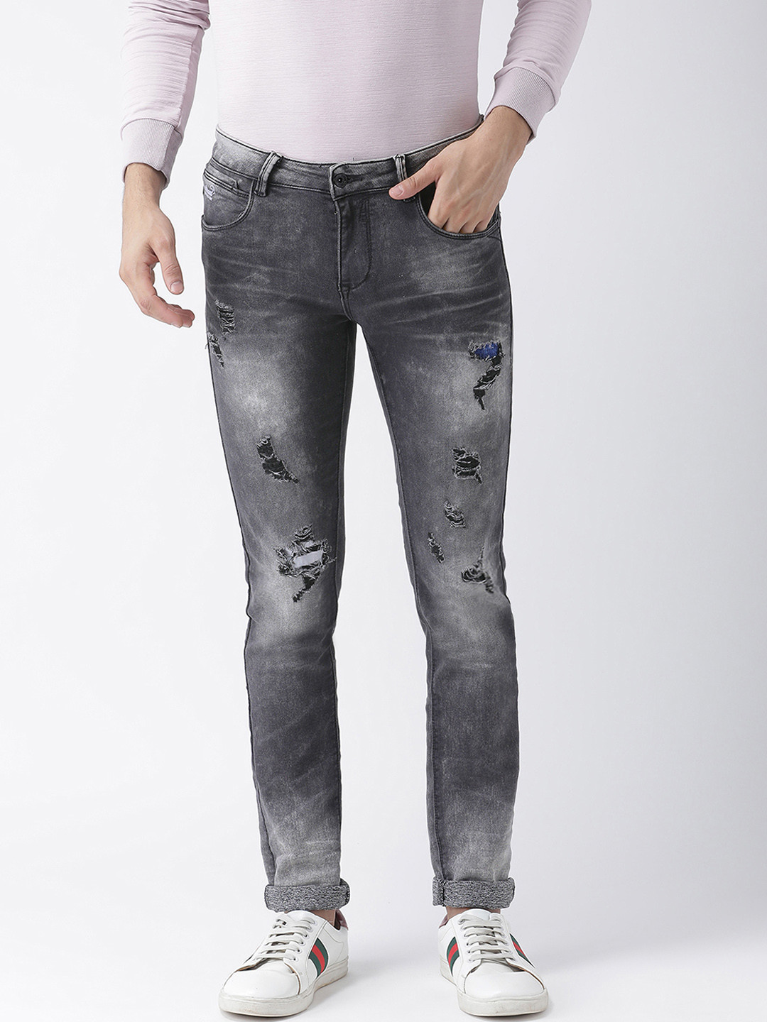 Buy Rex Straut Jeans Men Grey Tapered Fit Mid Rise Mildly Distressed ...