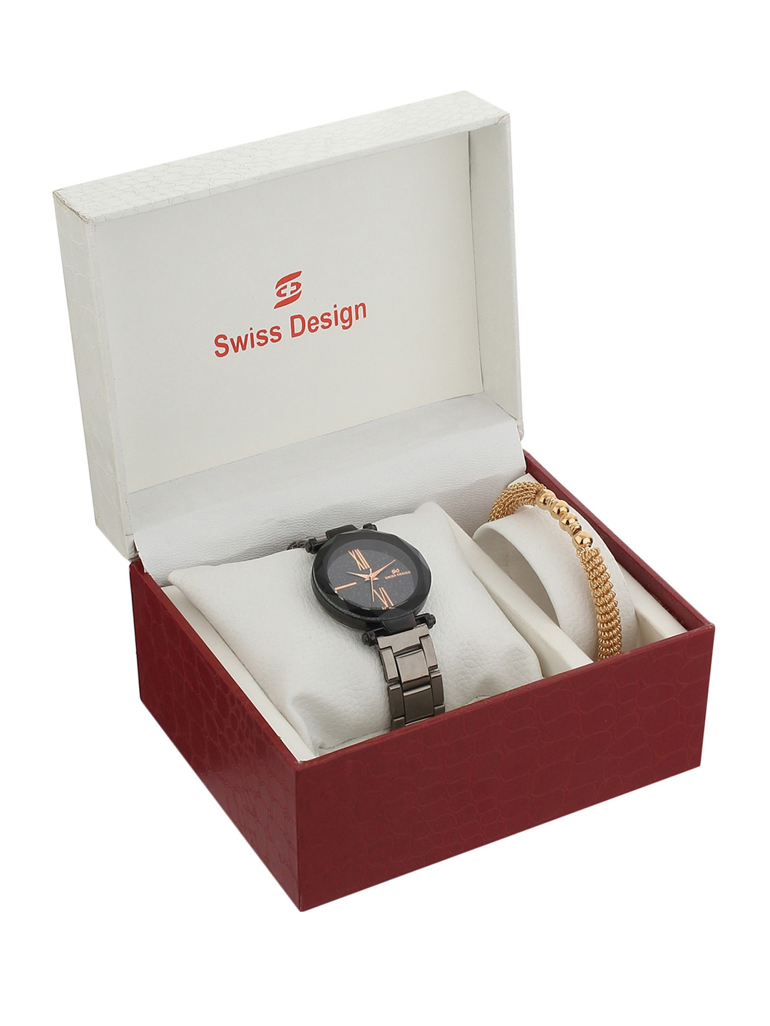 Buy Swiss Design Women Grey Watch With Gold Toned Bracelet Gift Set ...