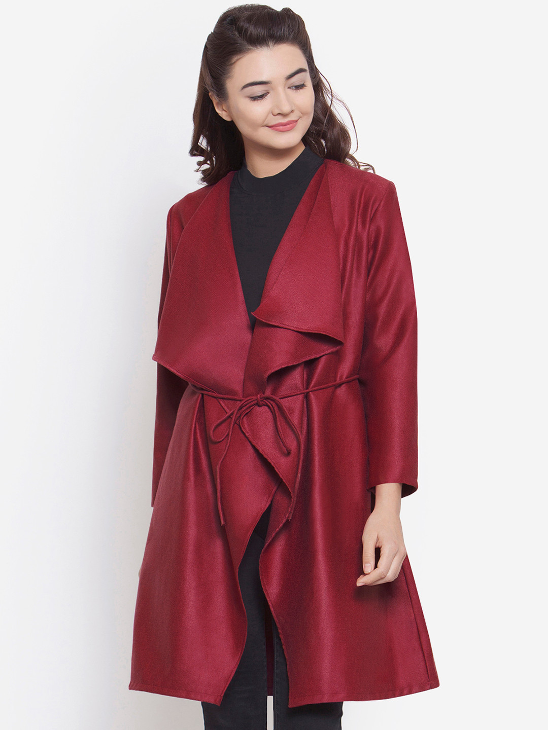 Buy MARTINI Women Red Woolen Knee Length Waterfall Coat - Coats for ...