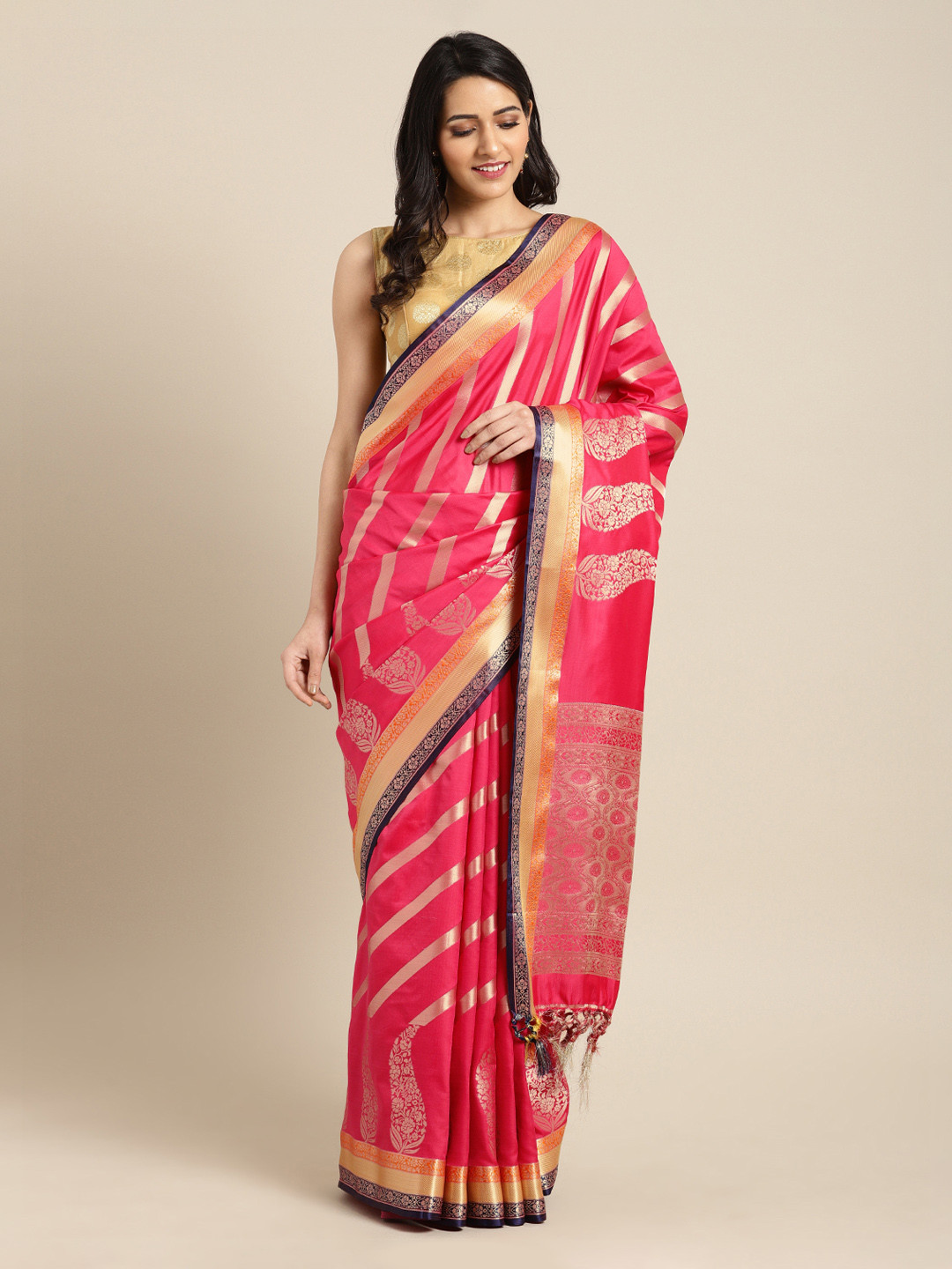 Buy Mitera Pink & Gold Toned Silk Blend Woven Design Kanjeevaram Saree ...