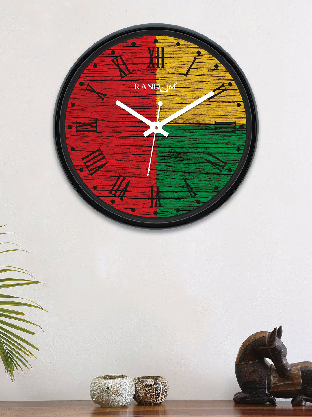 Buy RANDOM Red & Mustard Yellow Round Colourblocked 30 Cm Analogue Wall ...