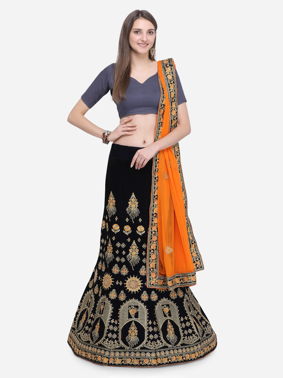 Buy MOKSHA DESIGNS Navy Blue & Orange Embroidered Semi Stitched Lehenga ...