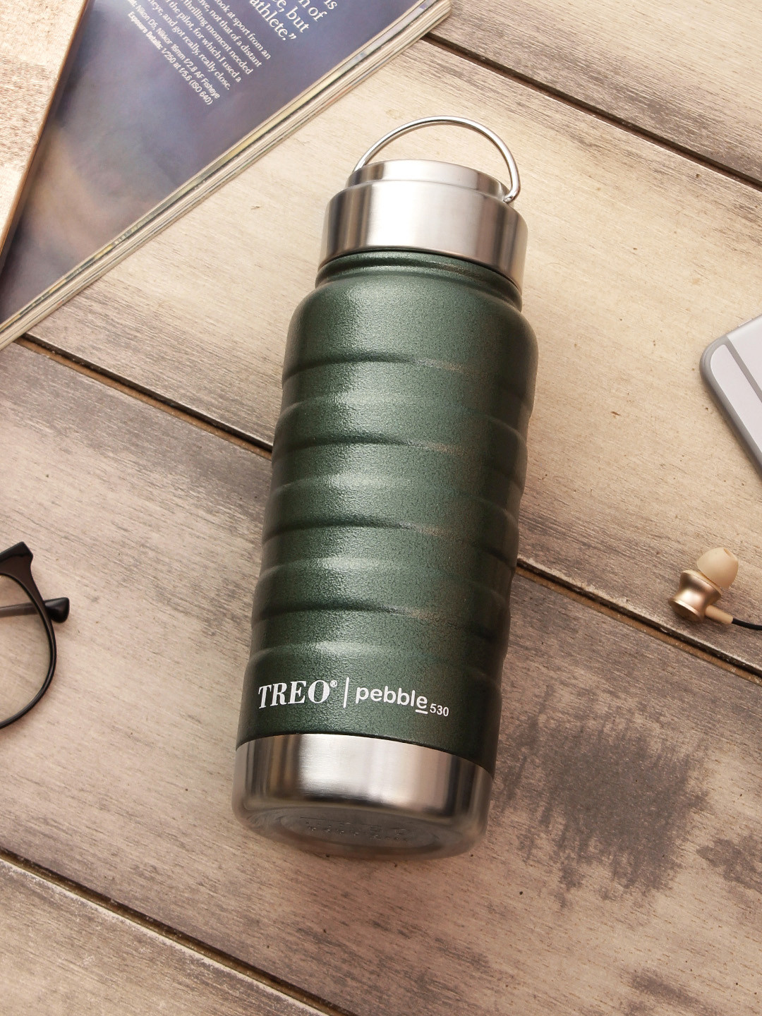 Buy TREO Green And Steel Pebble Thermosteel Hot & Cold Bottle 530 Ml ...