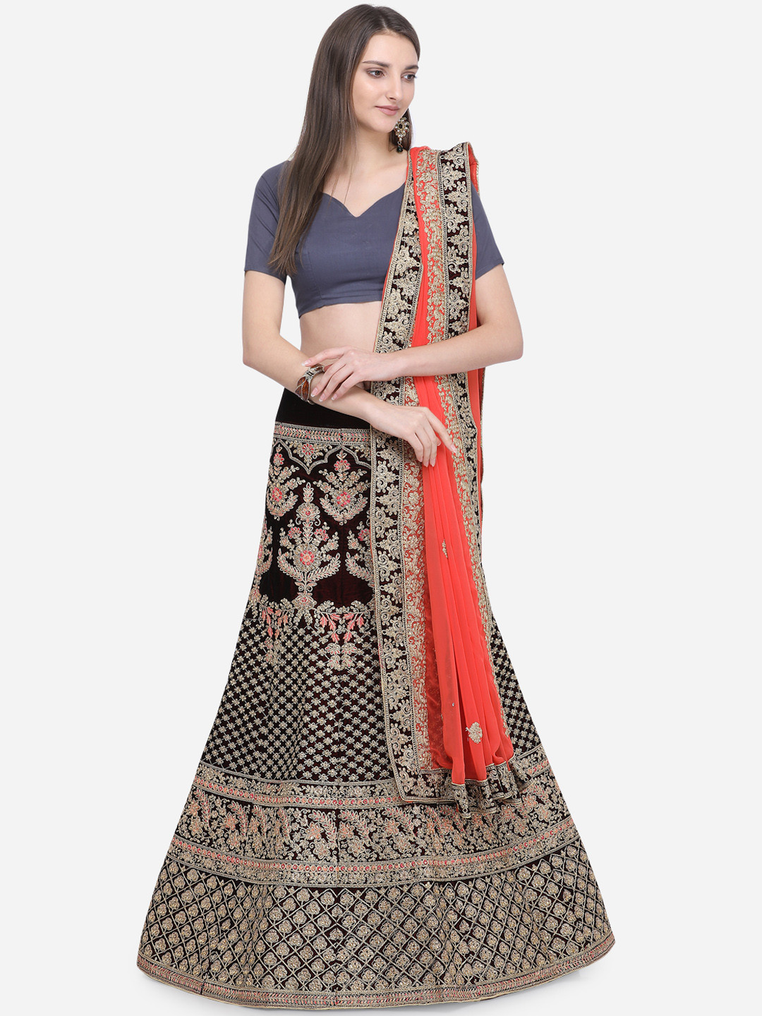 Buy MOKSHA DESIGNS Maroon & Orange Embroidered Semi Stitched Lehenga ...