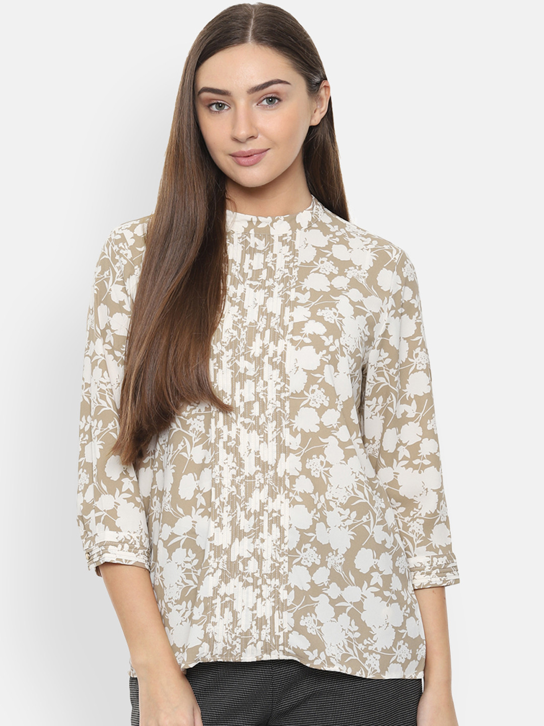 Buy Van Heusen Woman Beige & Cream Coloured Floral Print Top - Tops for ...