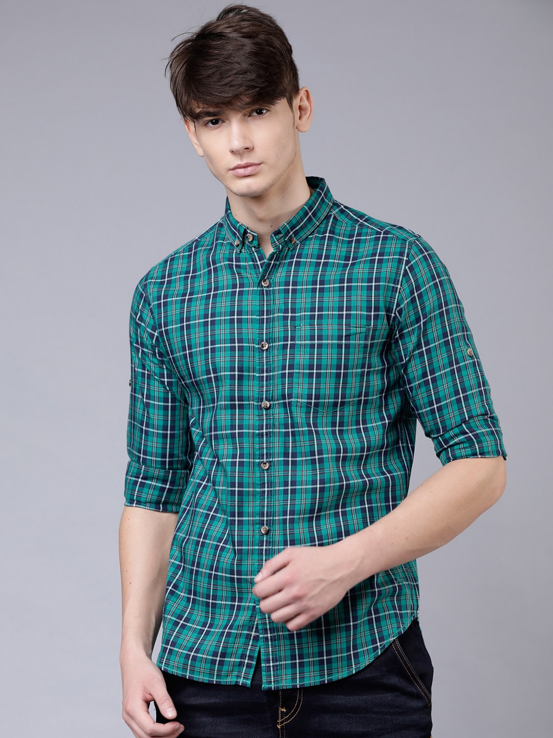 Buy Locomotive Men Navy Blue And Green Slim Fit Checked Casual Shirt