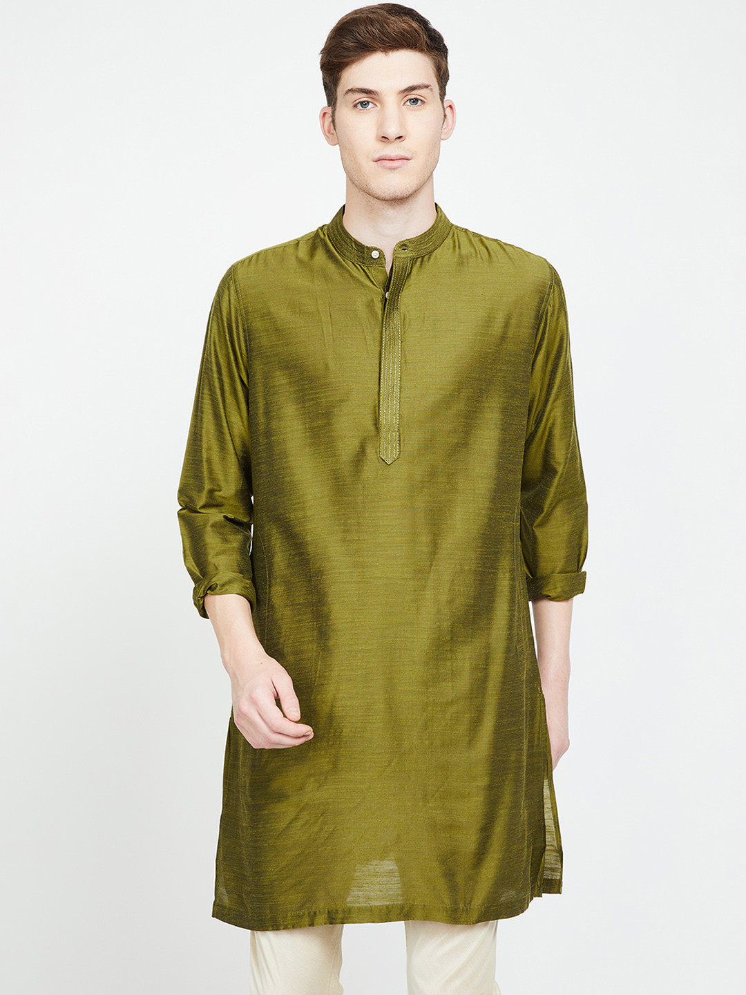 Buy Melange By Lifestyle Men Olive Green Solid Straight Kurta - Kurtas ...