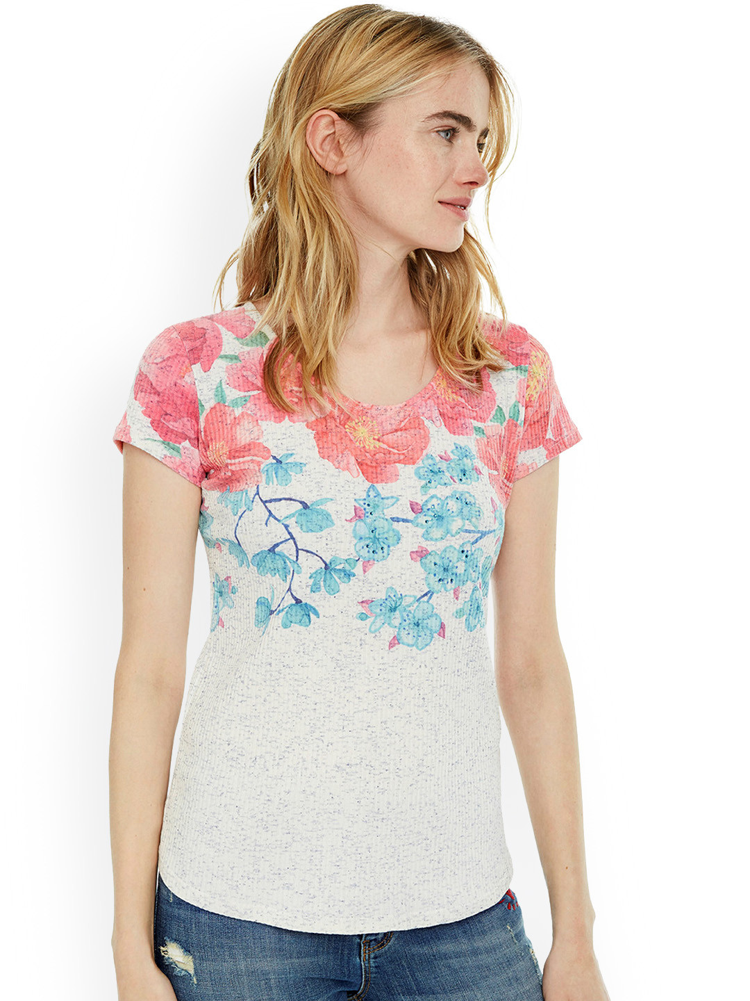 Buy Desigual Women White Printed Scoop Neck T Shirt - Tshirts for Women ...