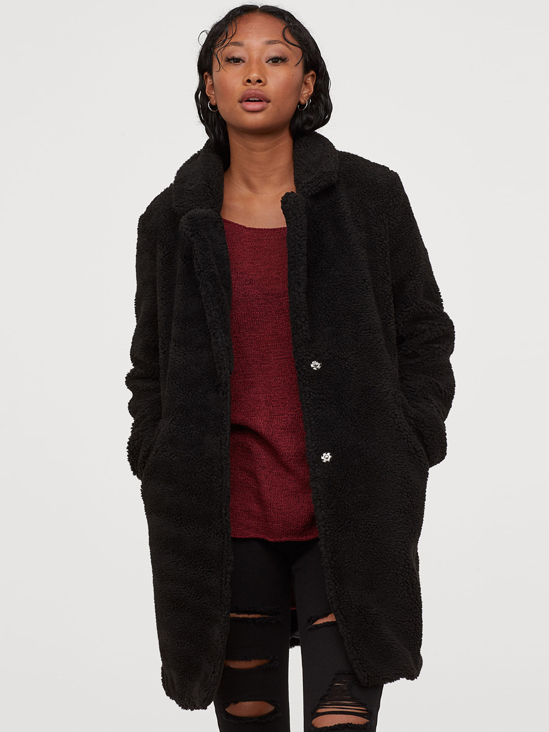 Buy H&M Women Black Pile Coat - Coats for Women 10977690 | Myntra