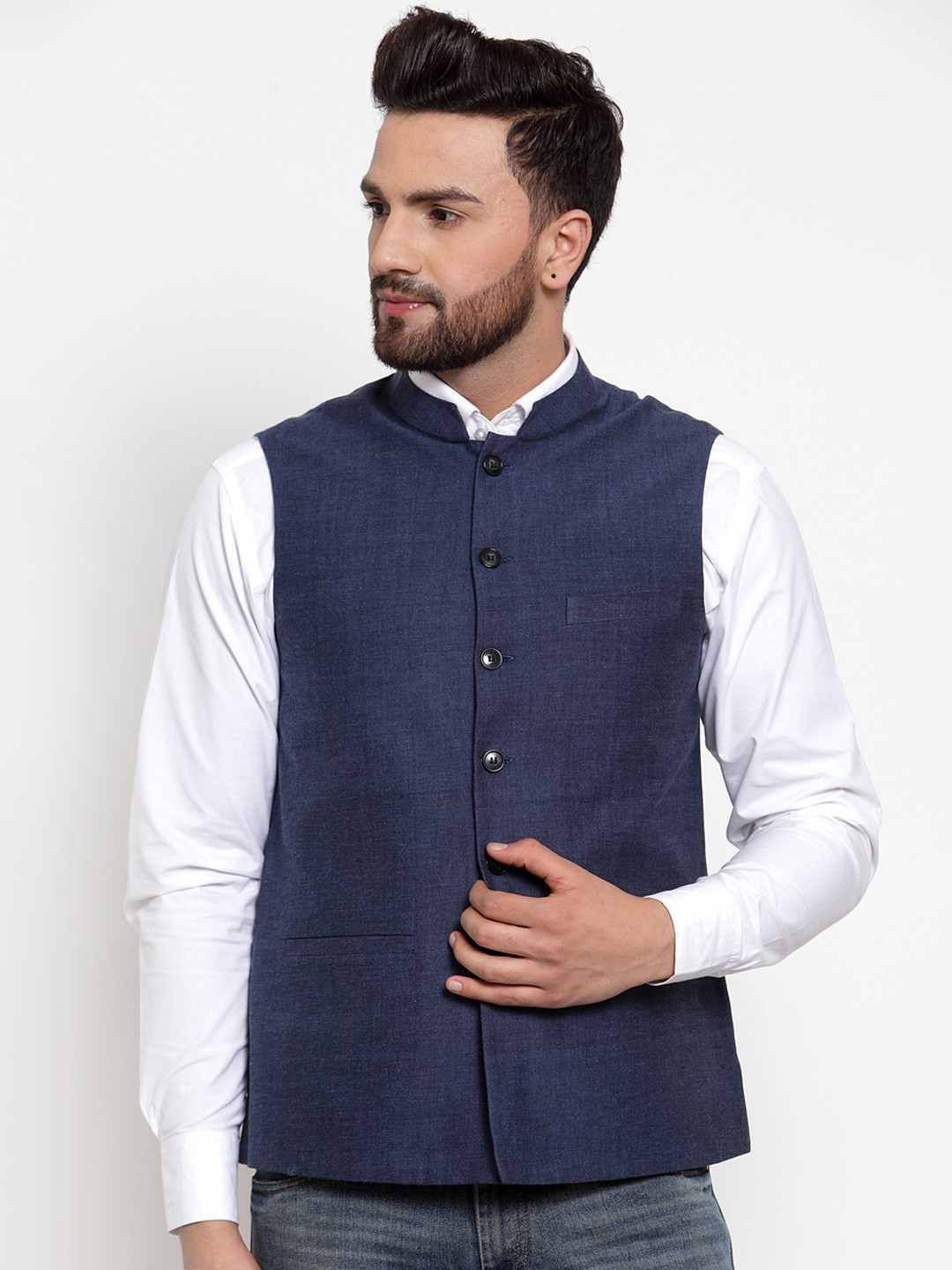 Buy NEUDIS Men Navy Blue Solid Pure Cotton Nehru Jacket - Nehru Jackets ...