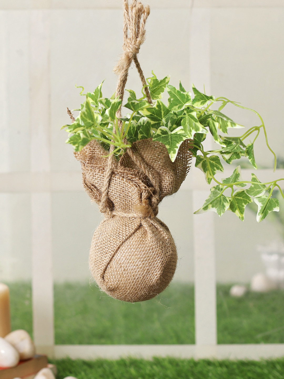 Buy TAYHAA Green Artificial White Ivy Plant Dangling In Jute Pouch ...