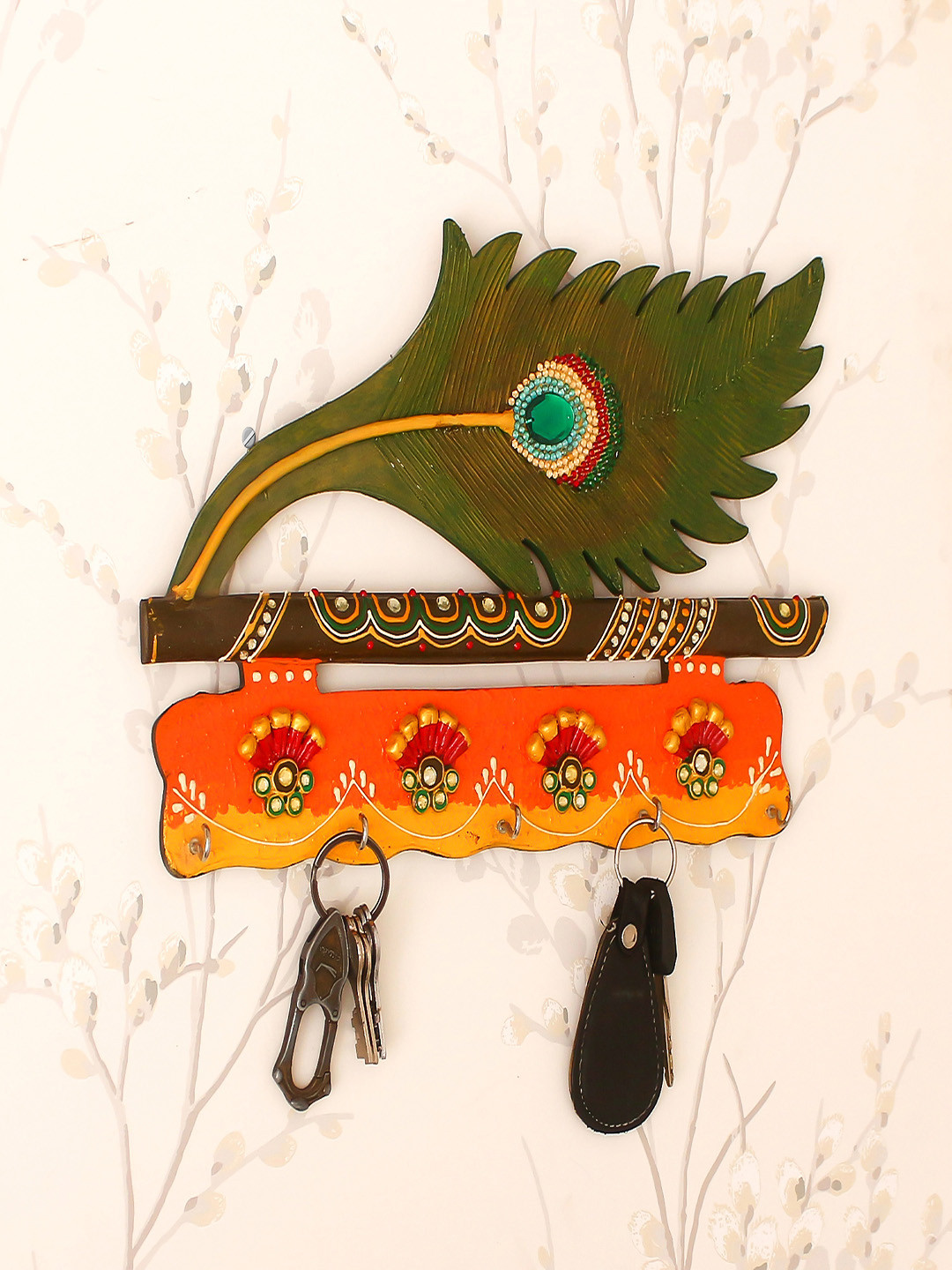 Buy ECraftIndia Yellow & Orange Papier Mache Mor Pankhi Key Holder ...