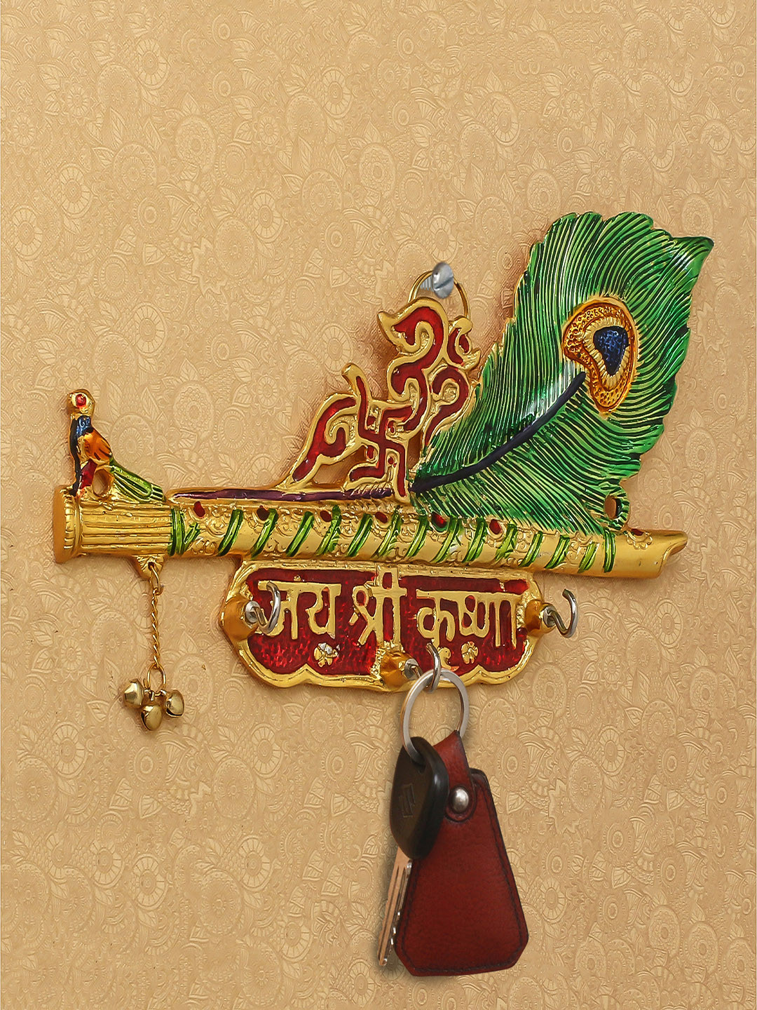 Buy ECraftIndia Green & Gold Toned Jai Shree Krishna Key Holder - Key ...