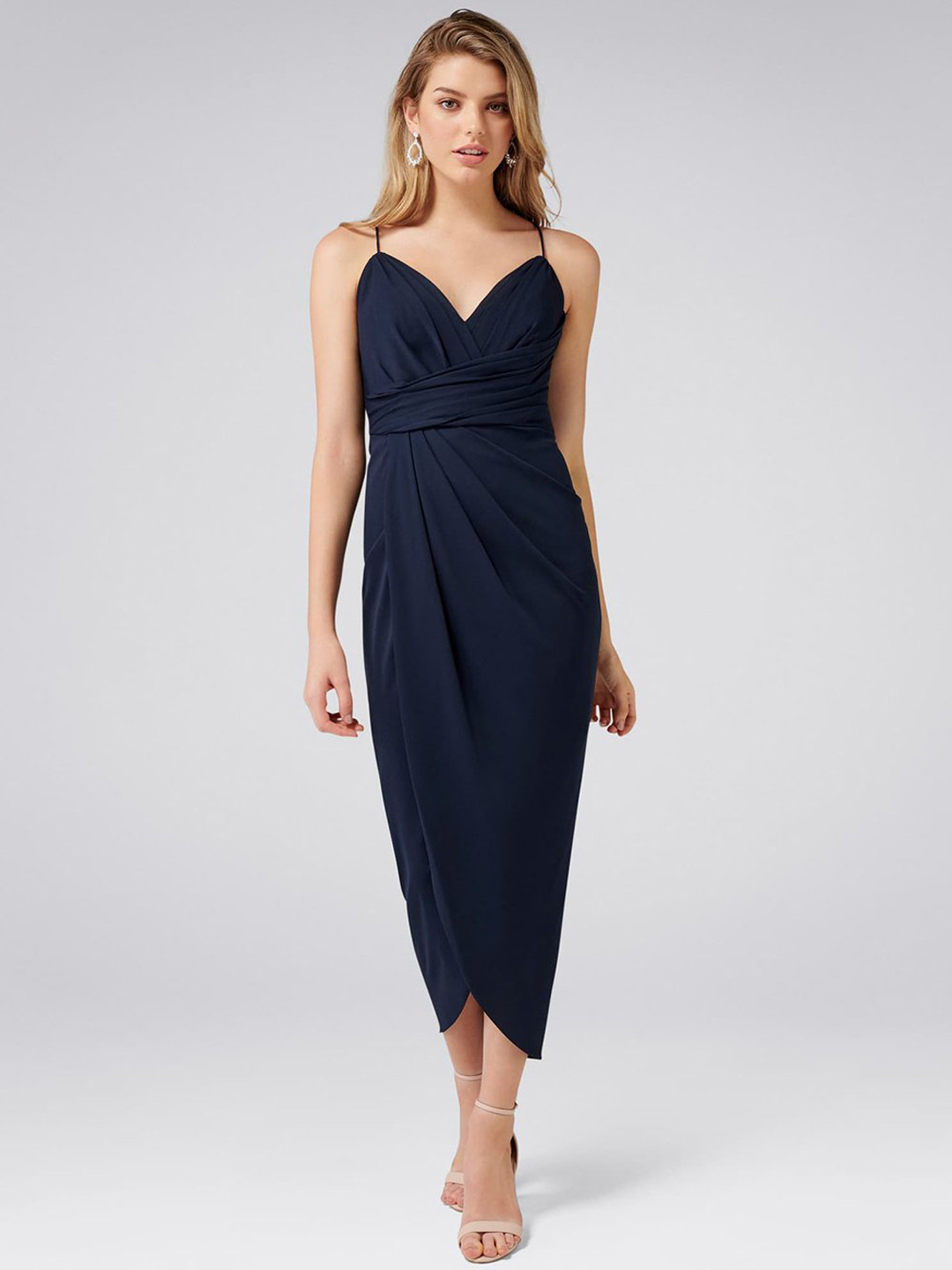 Buy Forever New Women Navy Blue Solid Wrap Dress - Dresses for Women ...