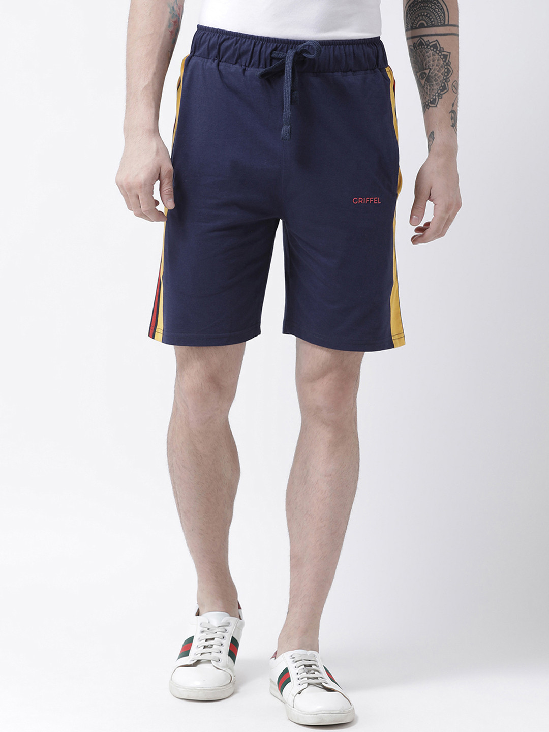 Buy GRIFFEL Men Navy Blue & Yellow Striped Regular Fit Regular Shorts ...