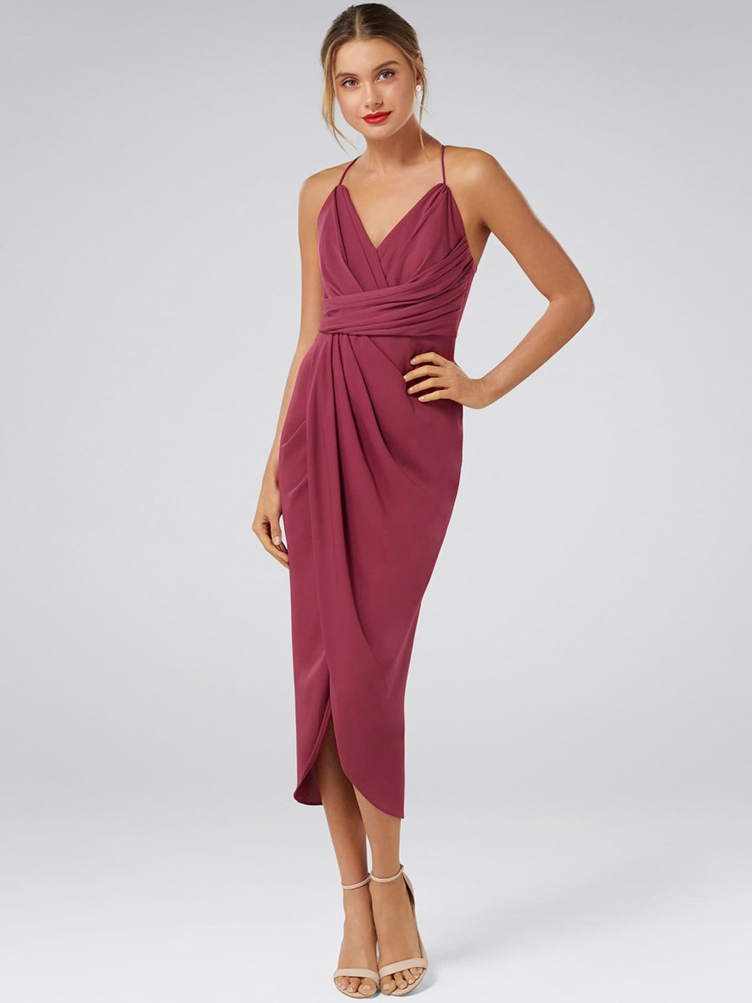 Buy Forever New Women Burgundy Solid Wrap Dress - Dresses for Women ...