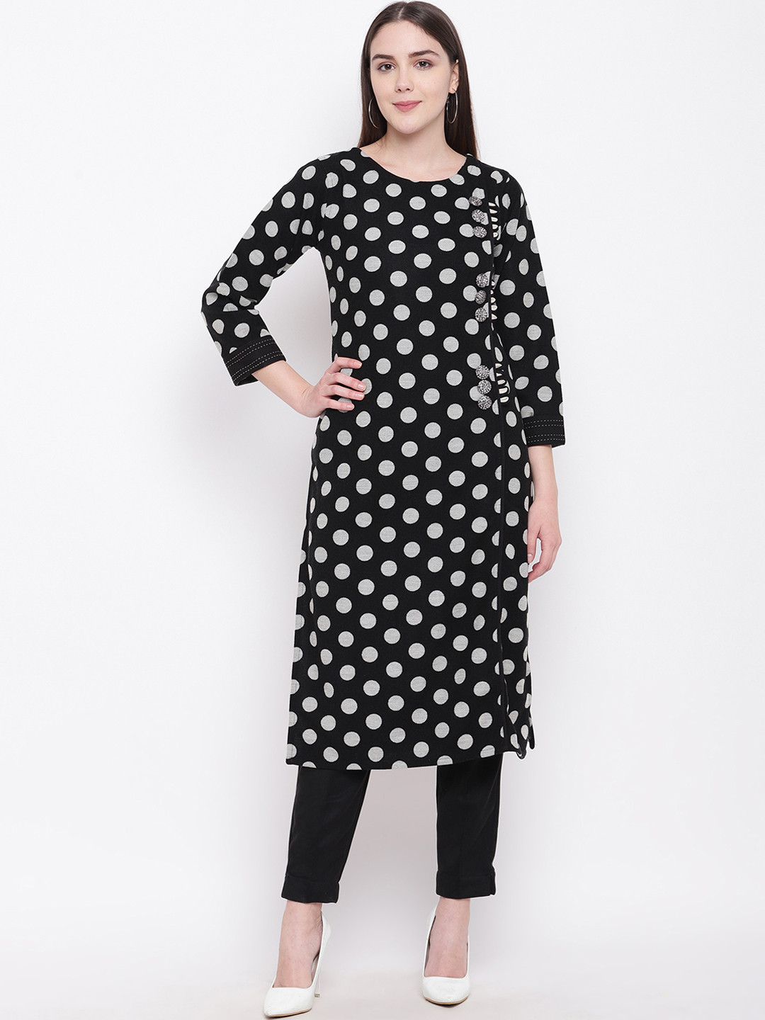 Buy FABNEST Women Black & White Printed Straight Kurta - Kurtas for ...