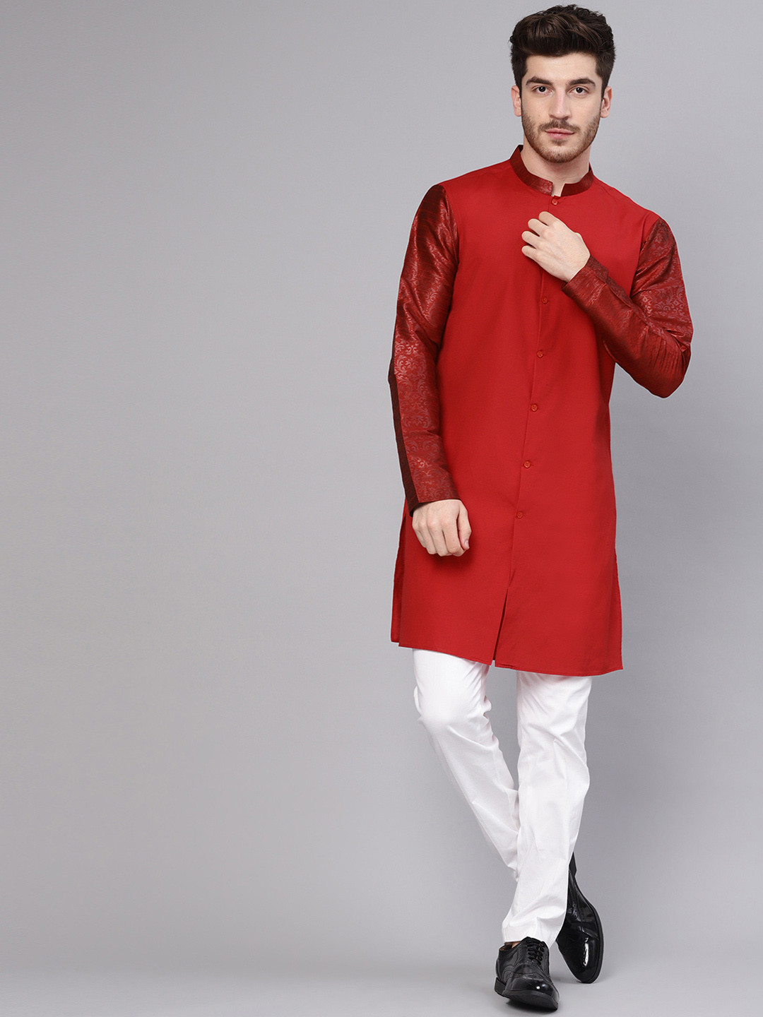 Buy See Designs Men Red & White Solid Kurta With Trousers - Kurta Sets ...