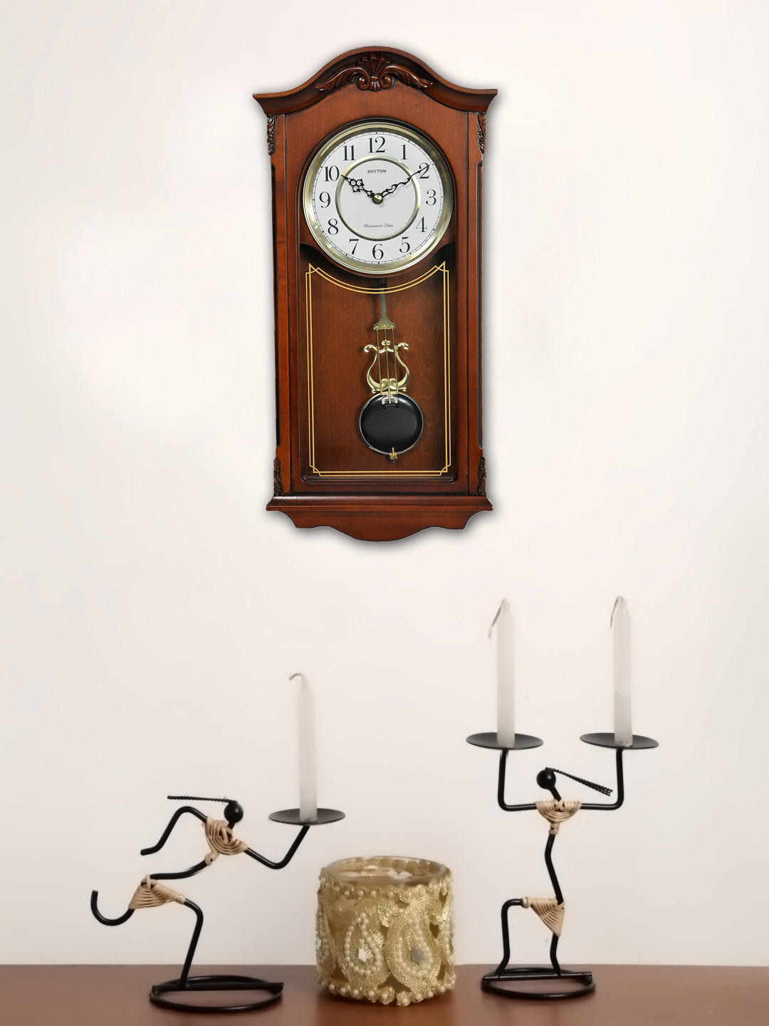 Buy Rhythm Brown & White Handcrafted Round Solid Analogue Wall Clock ...