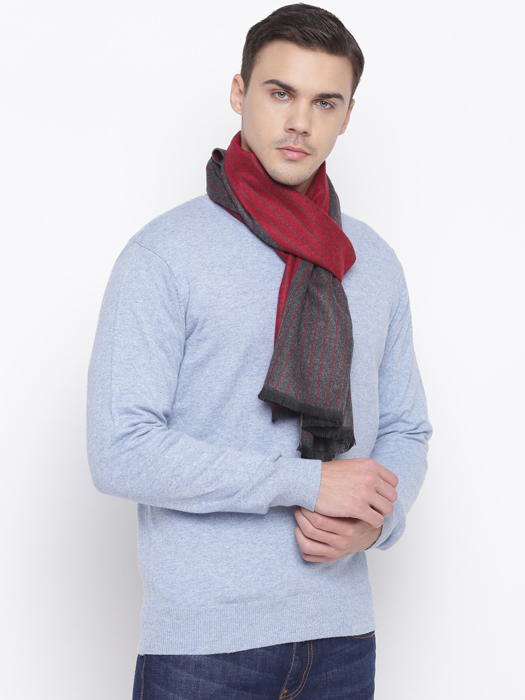 Buy Tossido Men Maroon & Grey Striped Woven Muffler - Mufflers for Men ...