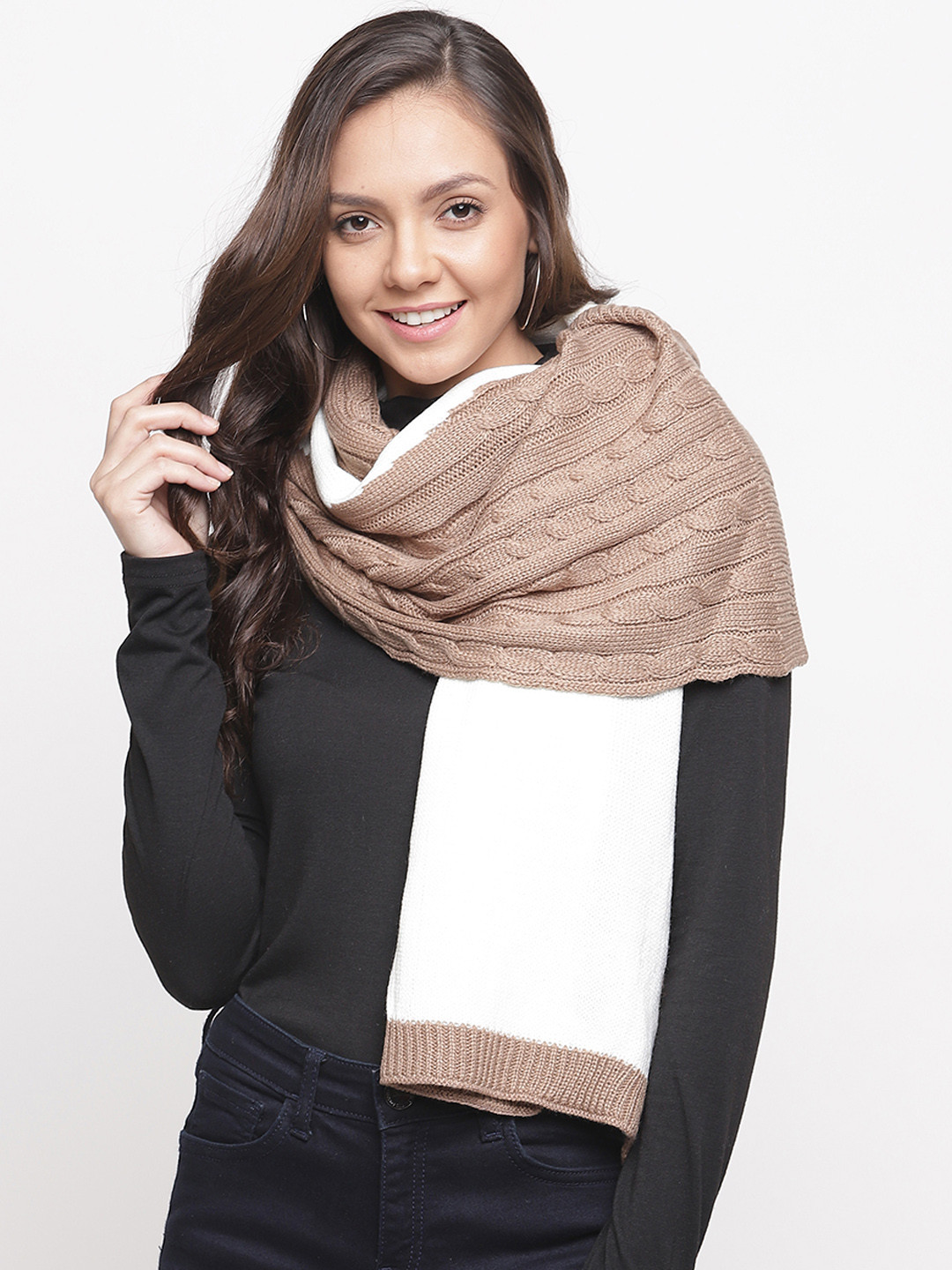 Buy Tossido Women Brown & White Colourblocked Cable Knit Muffler ...