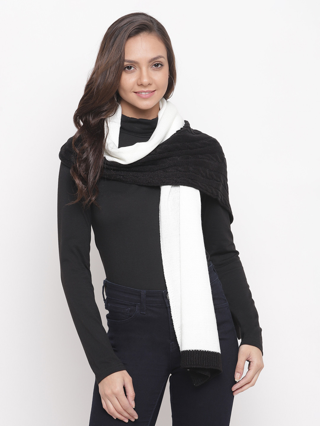 Buy Tossido Women Black & White Colourblocked Cable Knit Muffler ...
