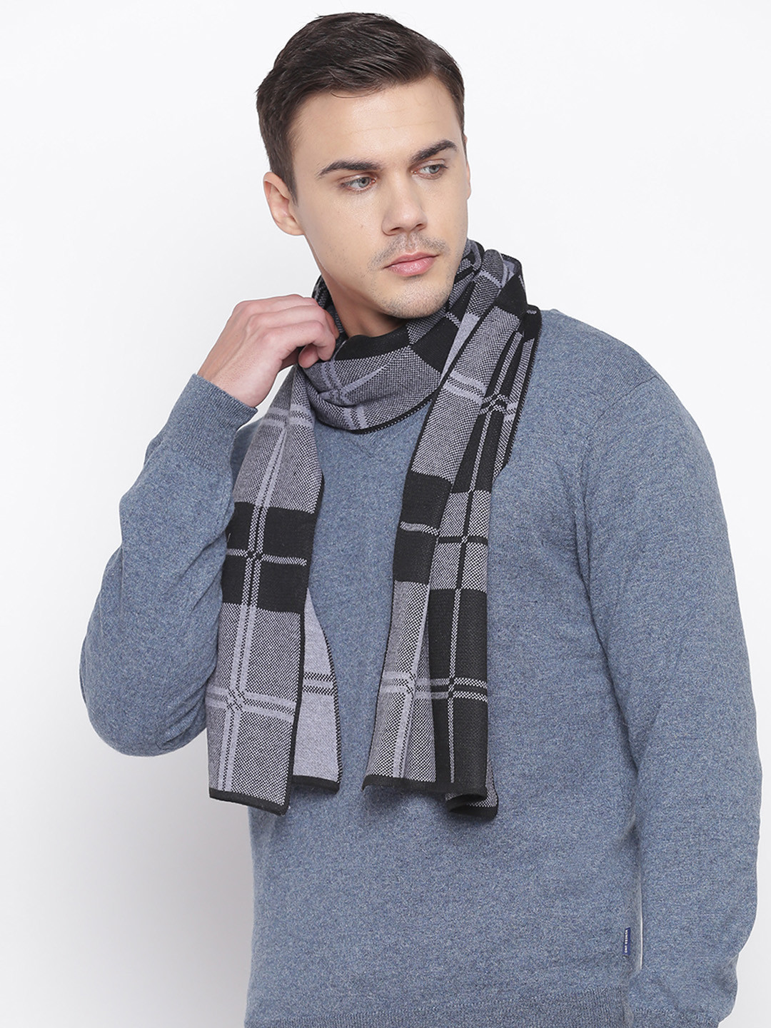 Buy Tossido Men Grey & Black Checked Knitted Muffler - Mufflers for Men ...