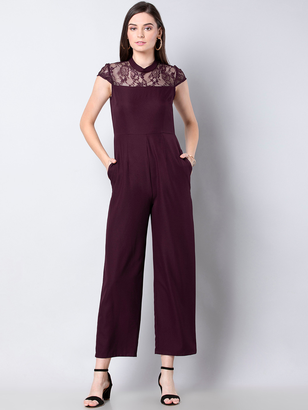 Buy FabAlley Women Purple Solid Basic Lace Jumpsuit - Jumpsuit for ...