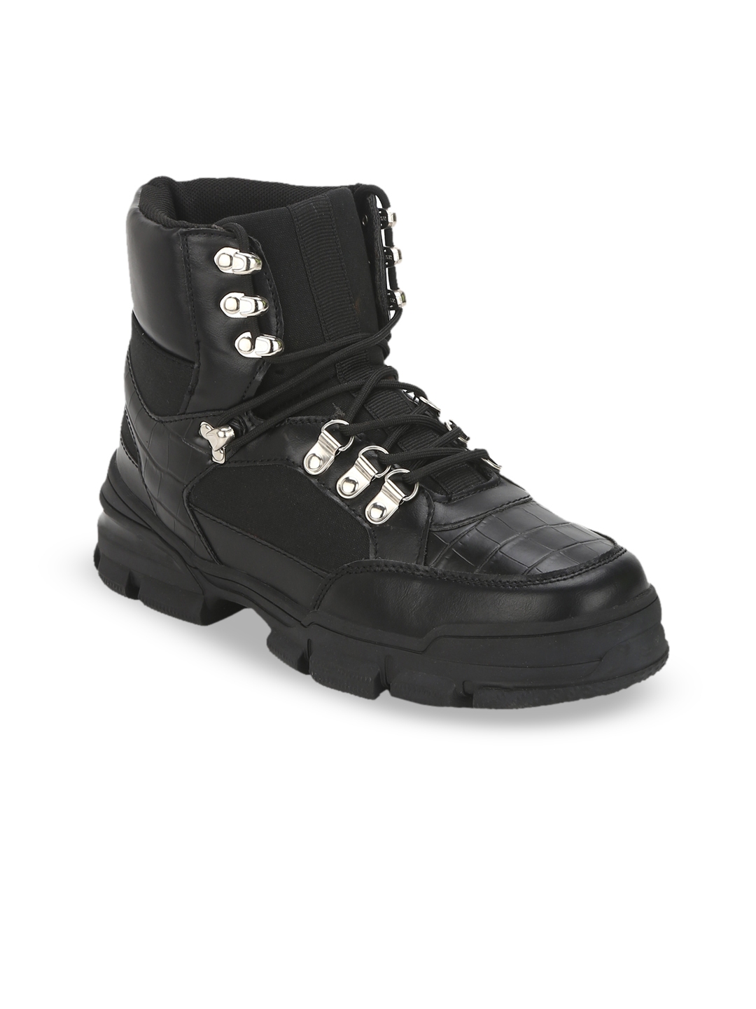 Buy Truffle Collection Men Black Solid Synthetic Mid Top Flat Boots ...