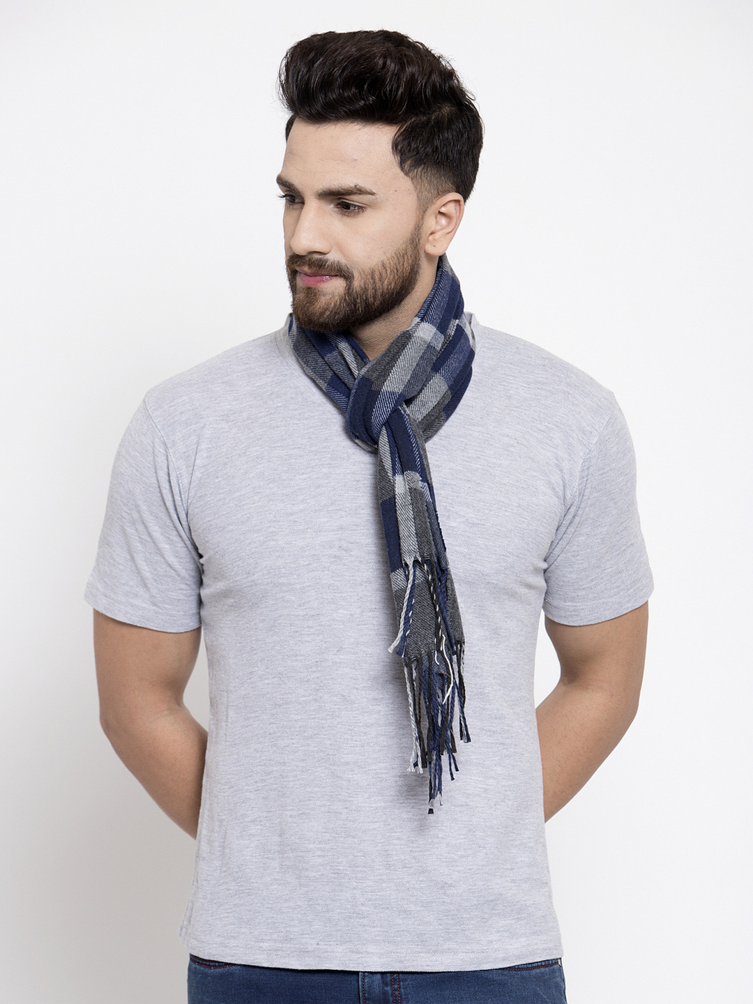 Buy Calvadoss Men Blue & Grey Checked Muffler - Mufflers for Men ...