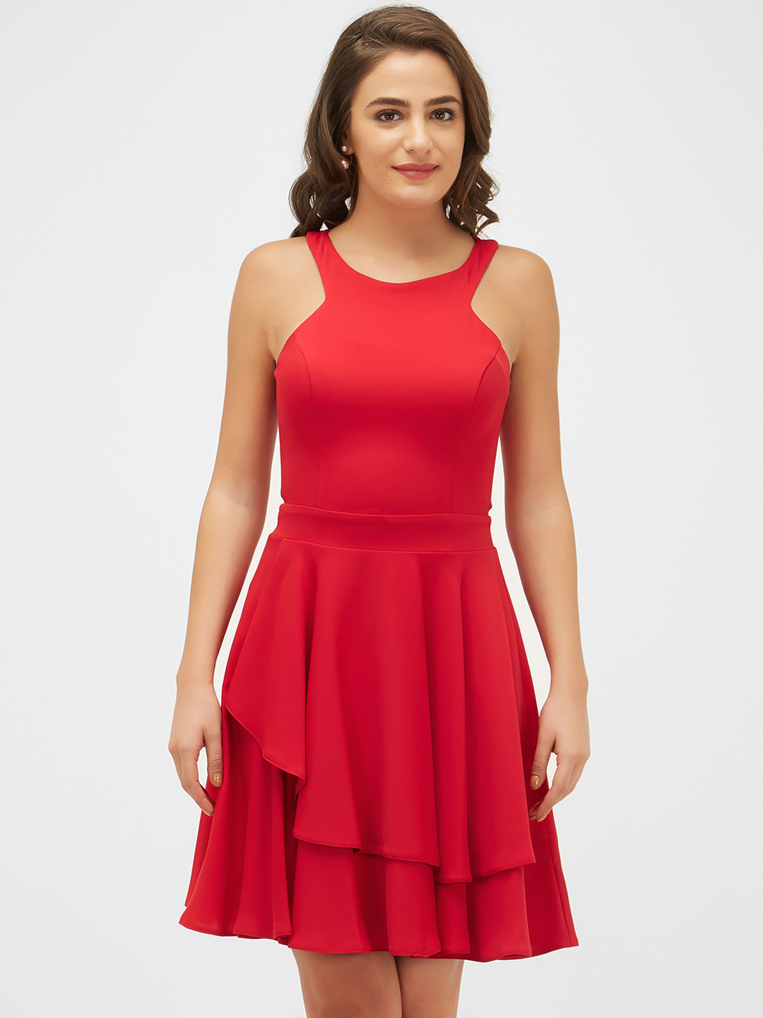 Buy Bebe Women Red Solid Fit And Flare Layered Dress - Dresses for ...