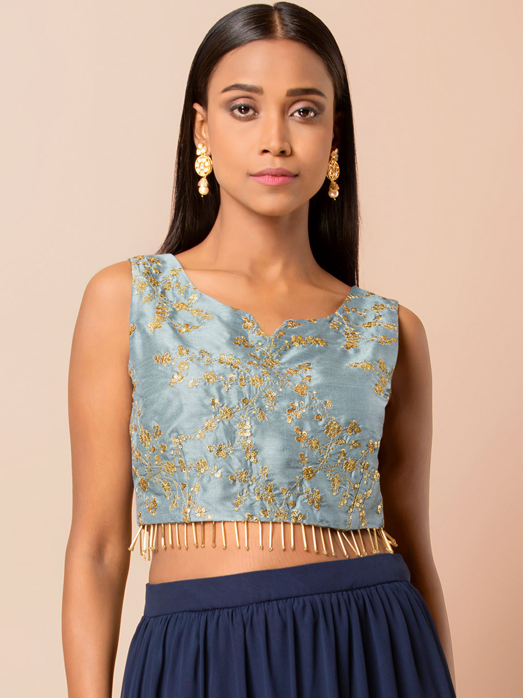 Buy INDYA Women Grey & Gold Coloured Embroidered Crop Top - Tops for ...