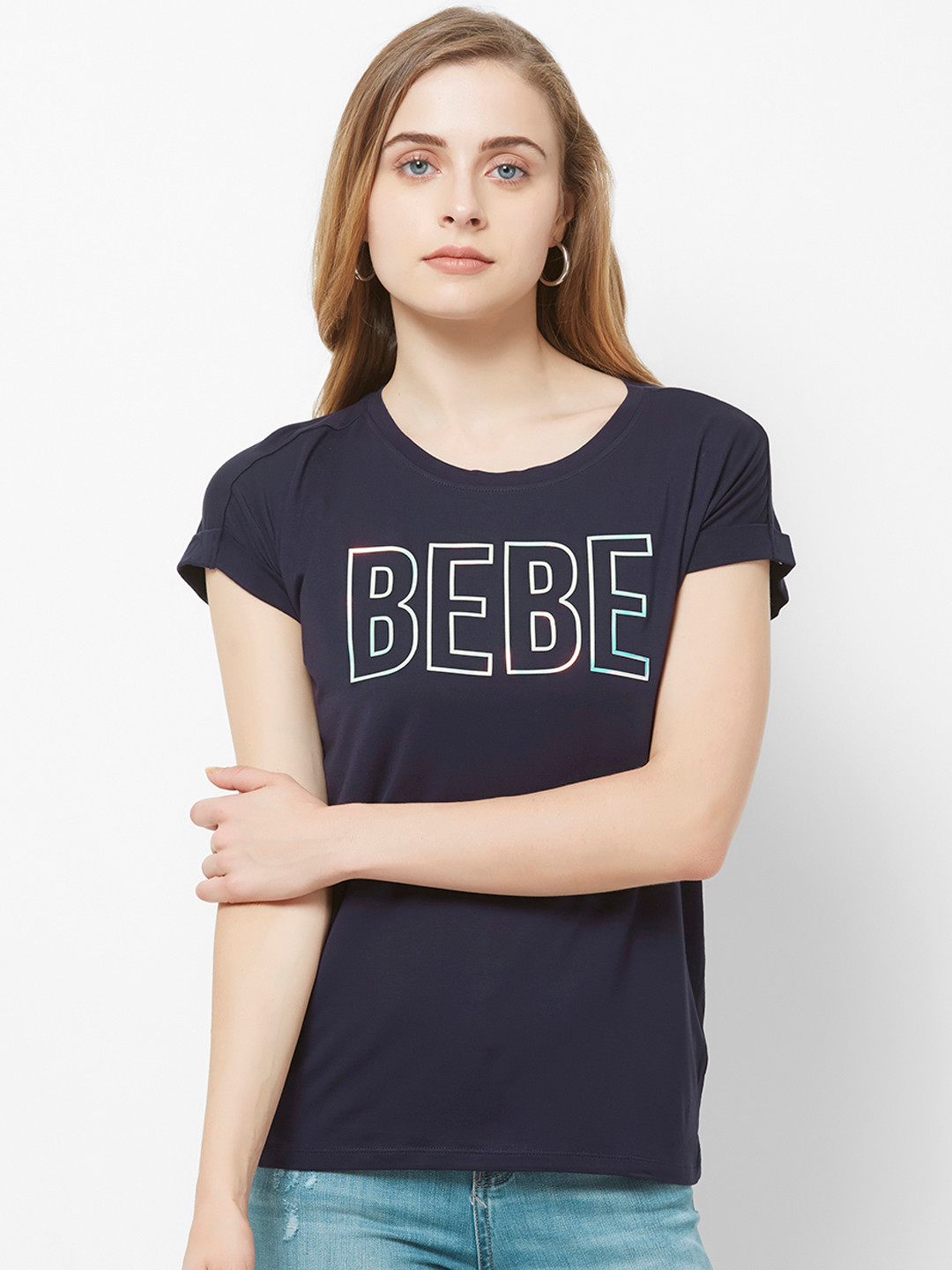 Buy Bebe Women Navy Blue Printed Round Neck T Shirt - Tshirts for Women ...