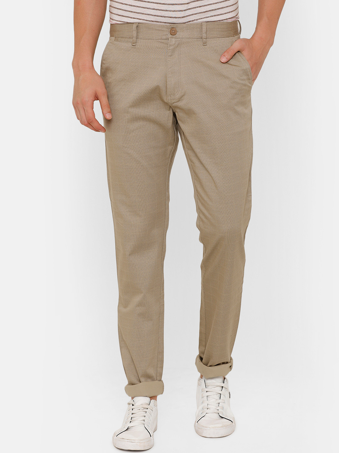 Buy COOL COLORS Men Beige Slim Fit Checked Regular Trousers - Trousers ...