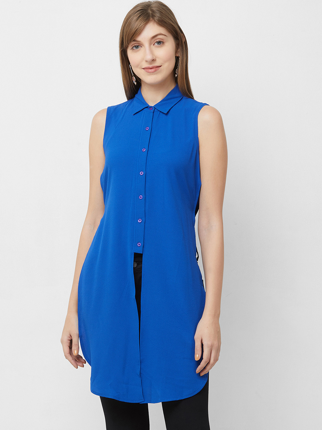 Buy 109F Women Blue Solid Longline Shirt Style Top - Tops for Women ...