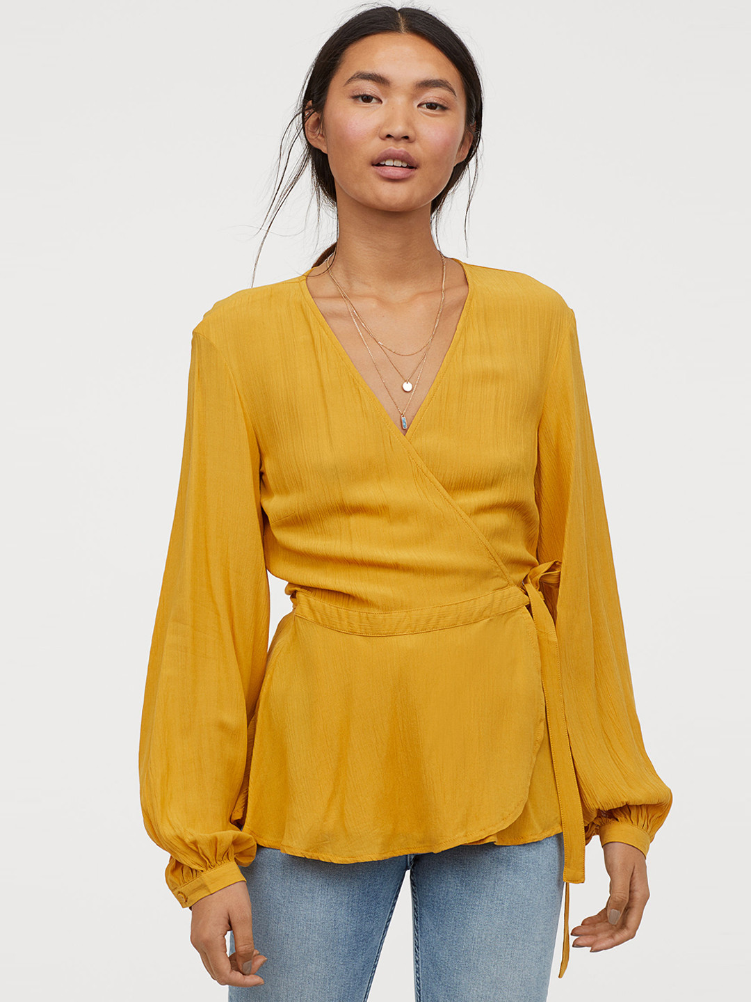 Buy H&M Women Mustard Yellow Solid Wrapover Blouse - Tops for Women ...