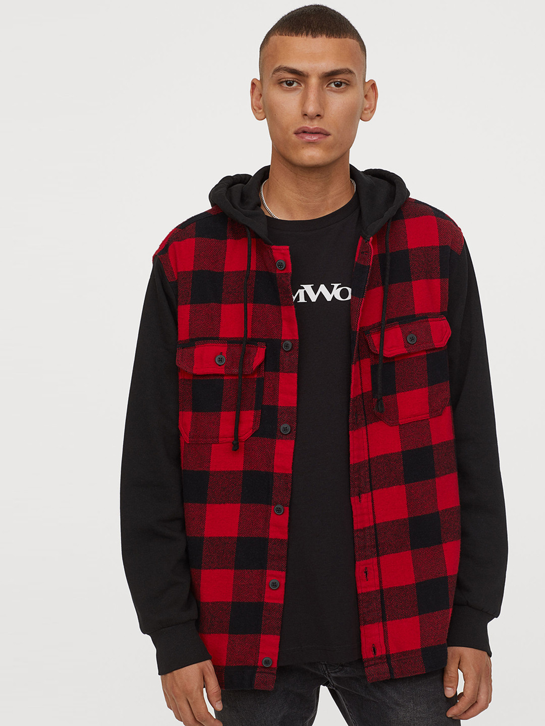 Buy H&M Men Black & Red Checked Hooded Shirt Jacket - Shirts for Men ...