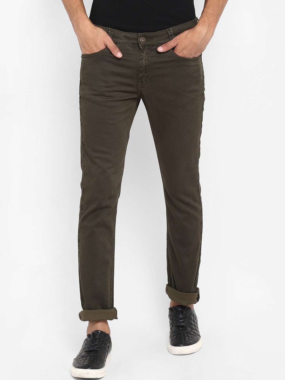 Buy Mufti Men Olive Brown Slim Fit Solid Regular Trousers - Trousers ...