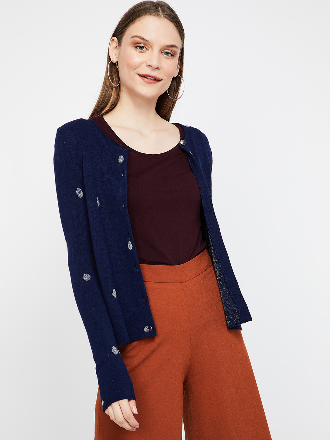 Buy Bossini Women Navy Blue Printed Cardigan Sweater - Sweaters for ...